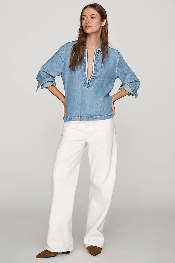 Cloth & Stone Zip-Front Denim Shirt Top - Salt Air Wash | Editorialist